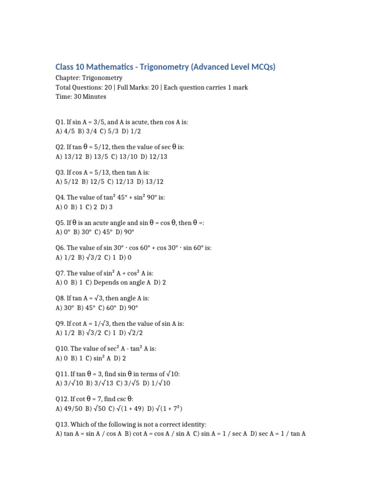 Class10 Trigonometry Advanced MCQs | PDF