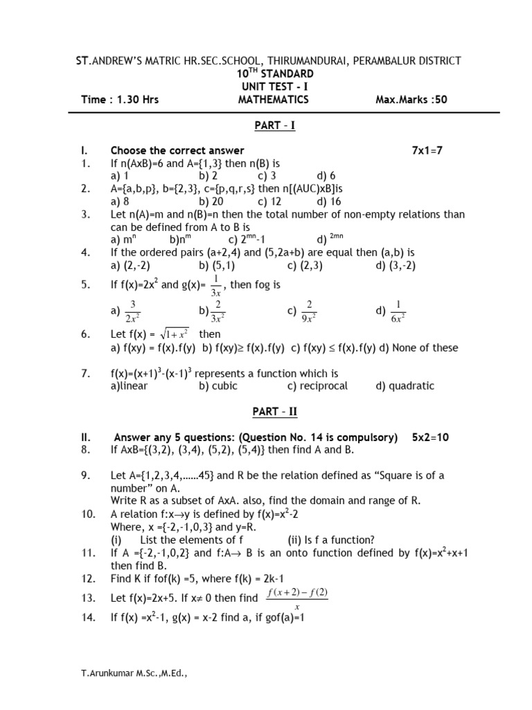 Zeal Study QUESTION MATHS JUNE 2025 ST Andrews Matric School Arunkumar ...
