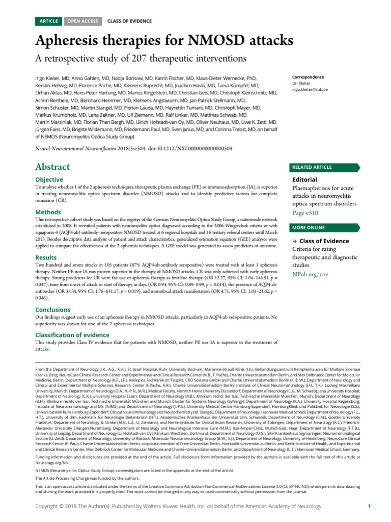 Kleiter Et Al 2018 Apheresis Therapies For Nmosd Attacks | PDF ...