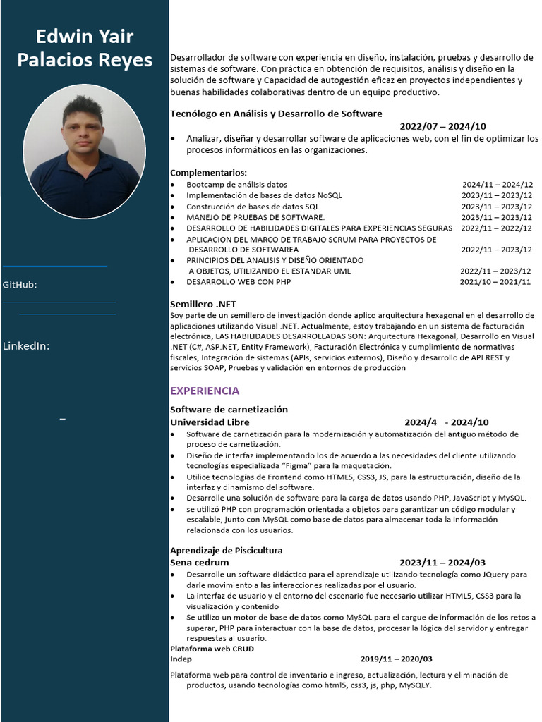 Hoja de Vida 2025 Edwin Yair Palacios Reyes 1 | PDF | Php | Mi sql