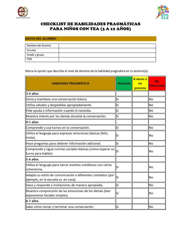 Checklist de Habilidades Pragmáticas para Alumnos Con Tea de 3 A 12 ...