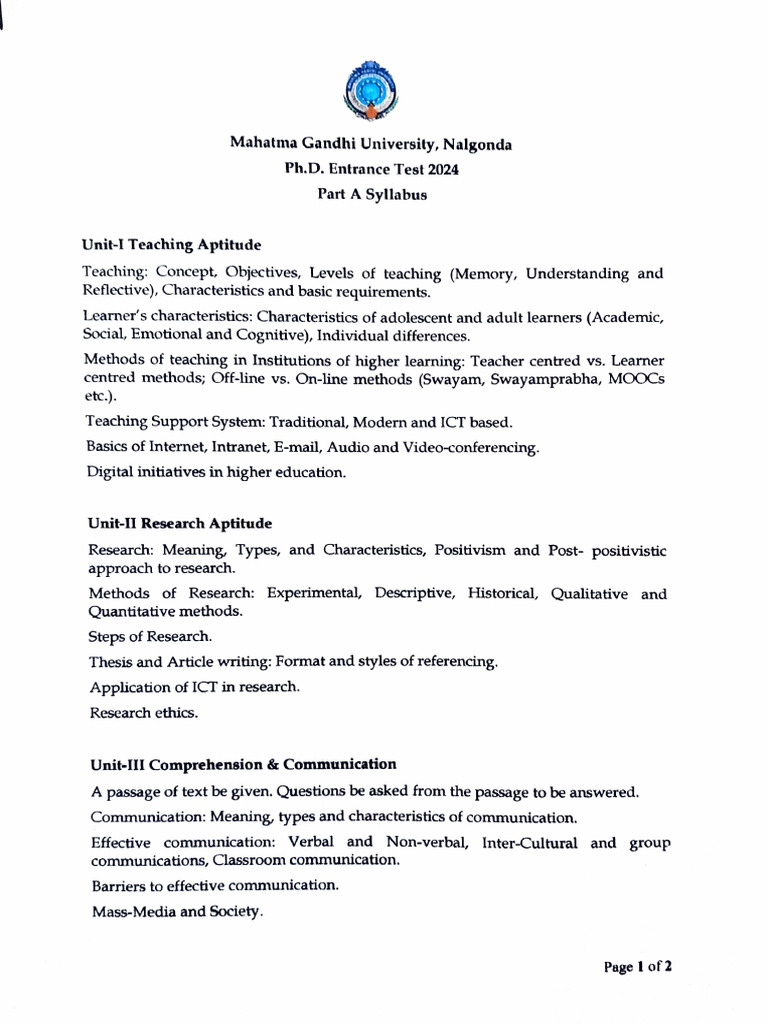 PHD Paper 1 Syllabus - MGU Nalgonda | PDF
