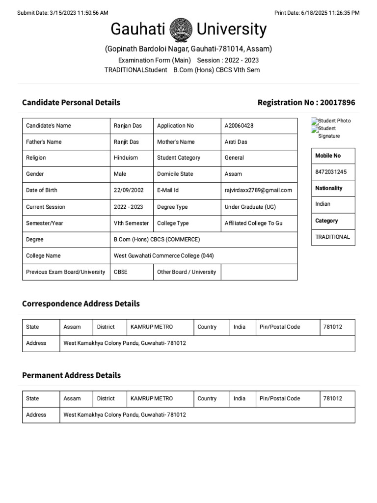 Gauhati University - Exam Form Download | PDF