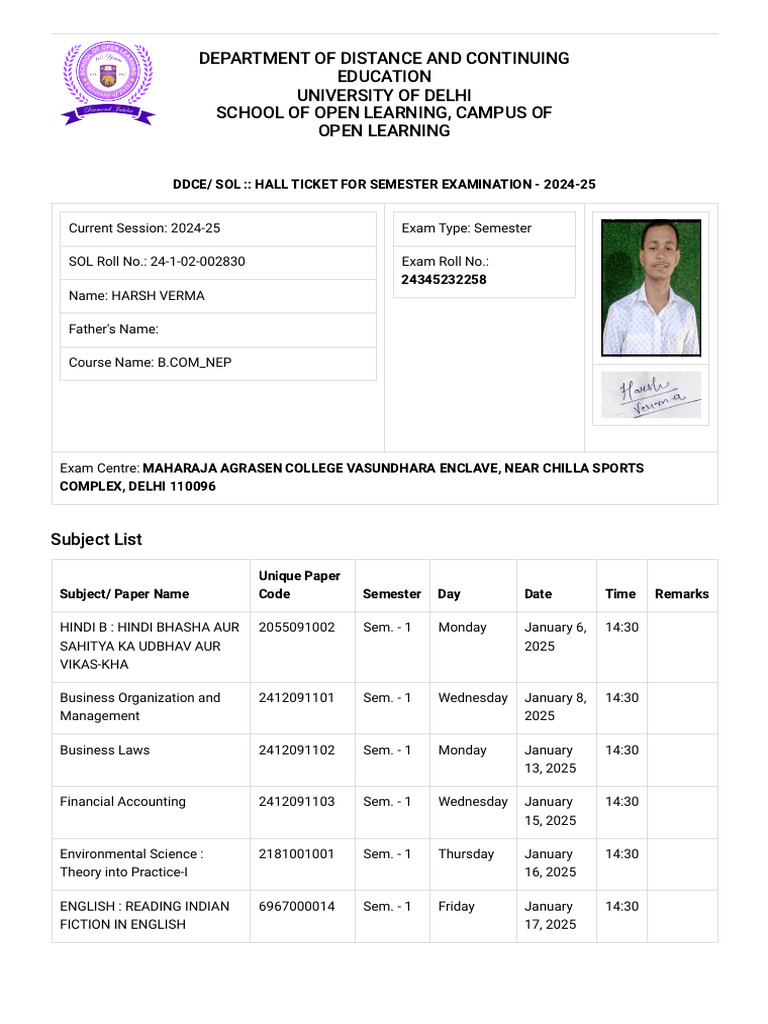 Ddce - Sol - Hall Ticket For Semester Examination - 2024-25 | PDF