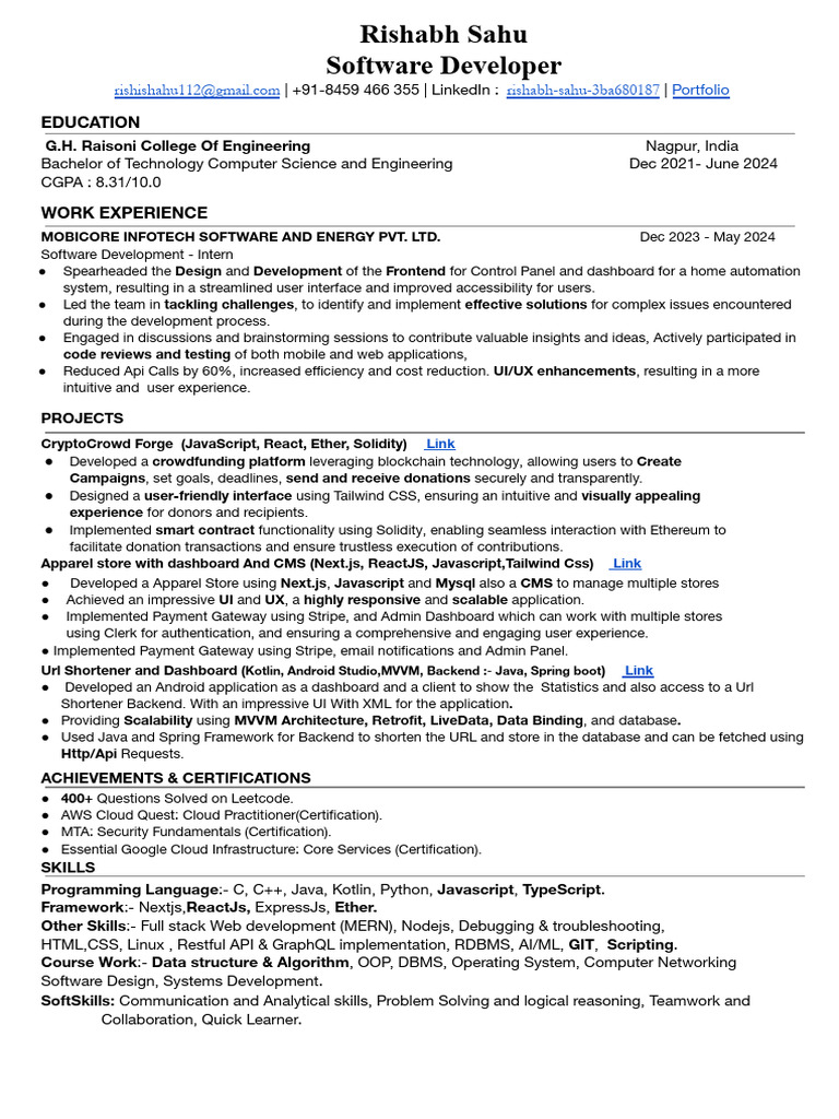 Rishabh Sahu Resume June | PDF | Databases | Web Development