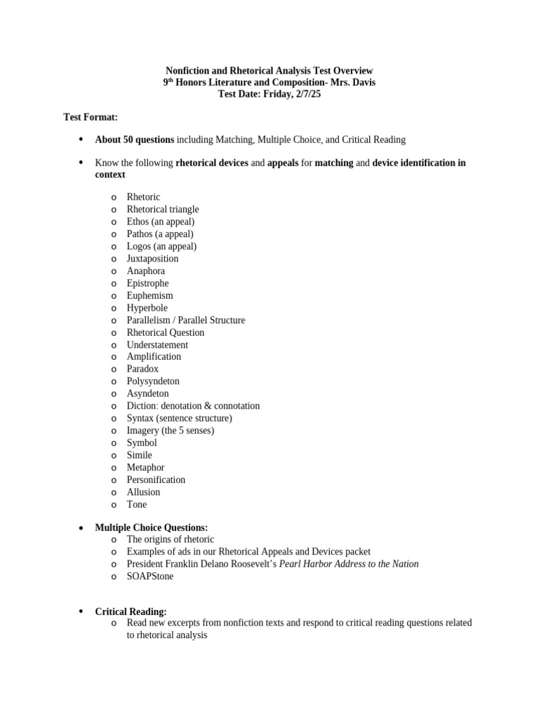 Test Review Nonfiction and Rhetorical | PDF