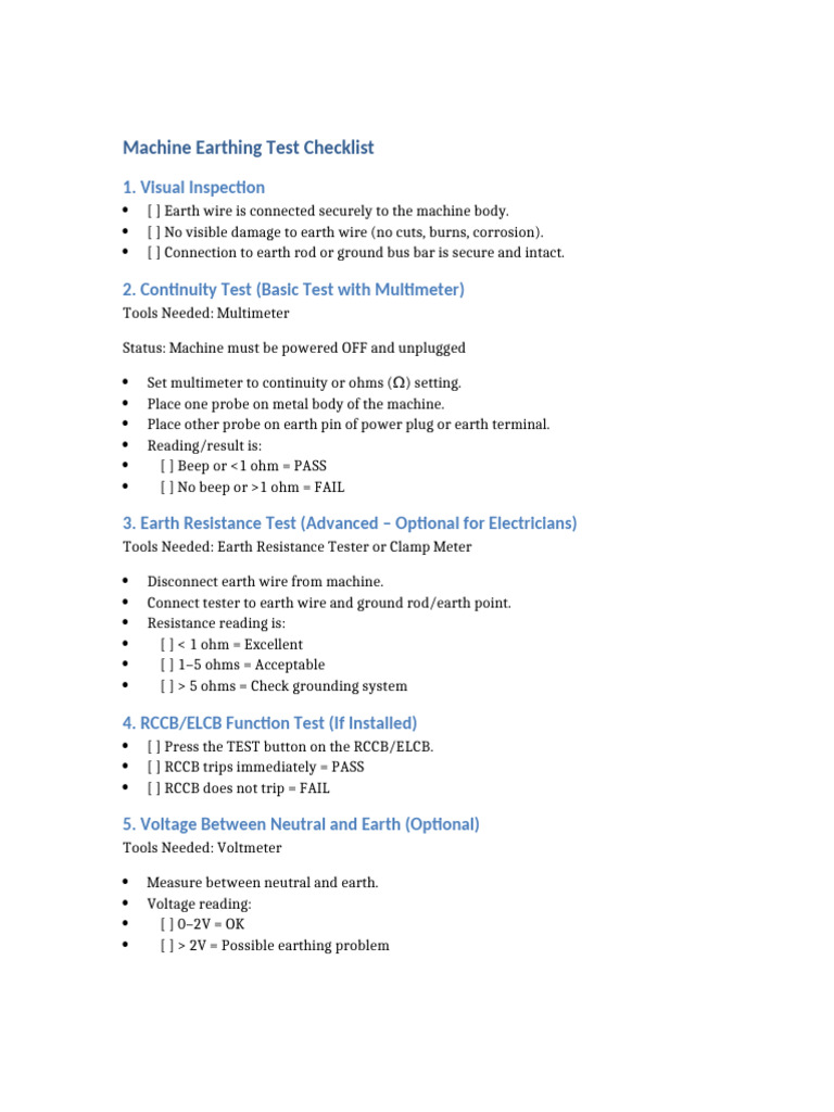 Machine Earthing Test Checklist | PDF