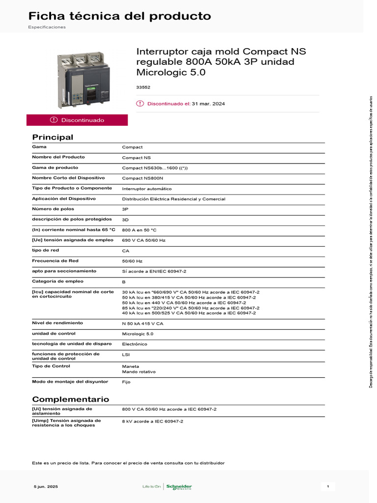 Schneider Electric Compact NS 630 A 33552 | PDF | Electricidad | Ingenieria Eléctrica