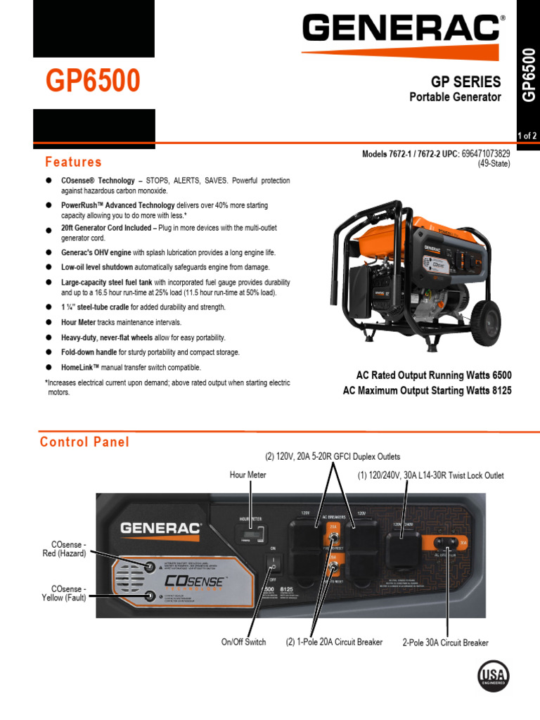 7672 Gp6500 Cosense Portable Generator Spec Sheet | PDF | Alternating Current | Electrical ...