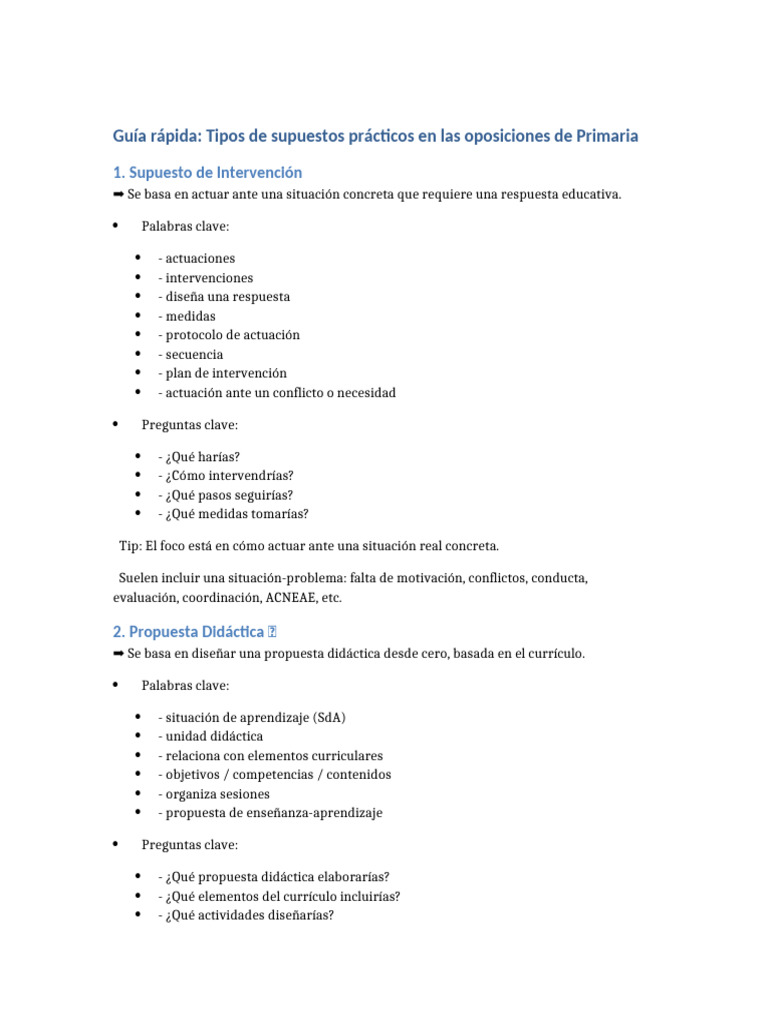Tipos de Supuestos Practicos Oposiciones Primaria | PDF