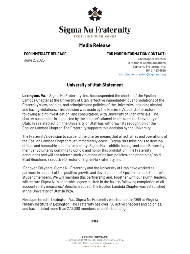 Sigma Nu Headquarters Statement | PDF | Fraternities And Sororities