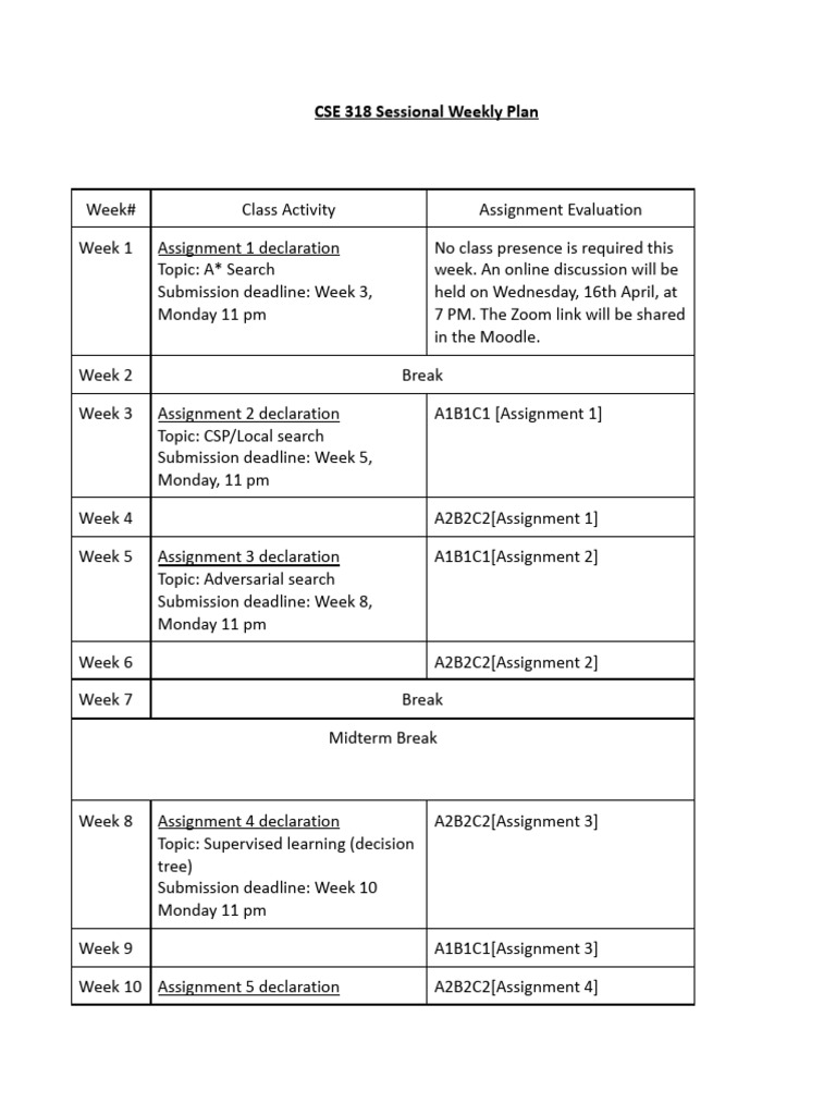 CSE 318 Weekly Assignment Schedule | PDF