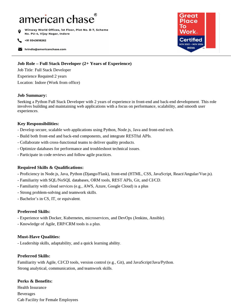 Full Stack Developer Job in Indore | PDF