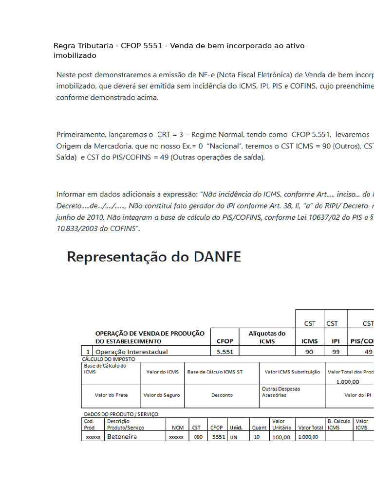 CFOP 5551 - Venda de Bem Incorporado Ao Ativo Imobilizado | PDF
