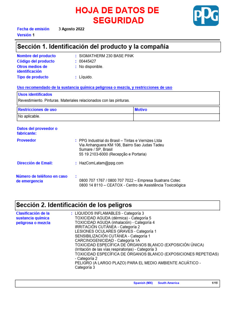 FDS - Sigmatherm 230 - B Pink PPG | PDF | Solubilidad | Toxicidad