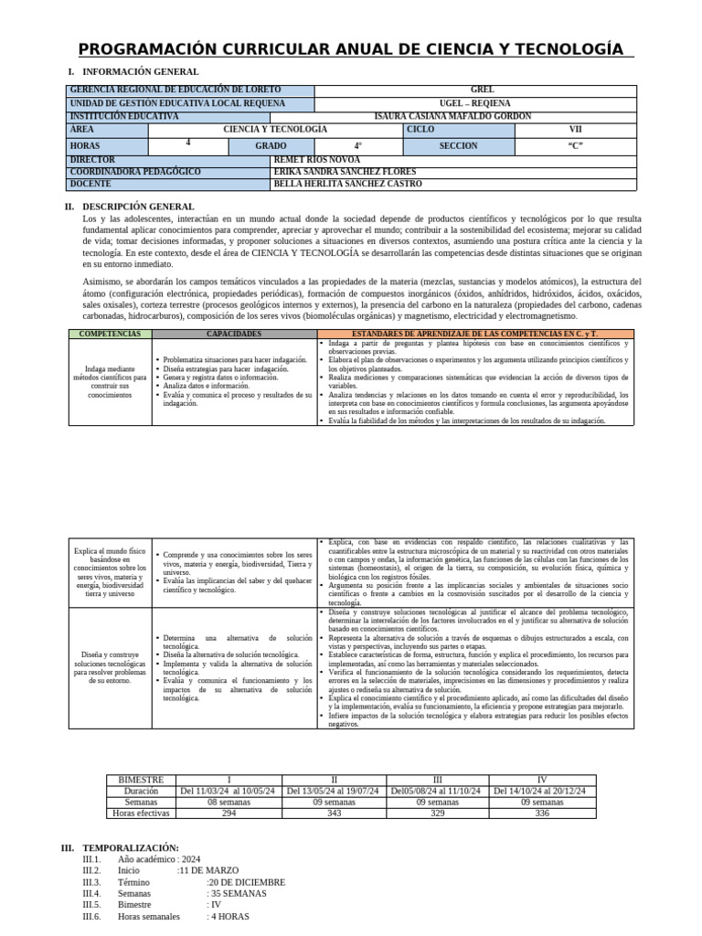 Programación Curricular Anual de Cyt 4° C | PDF | Enseñando | Evolución