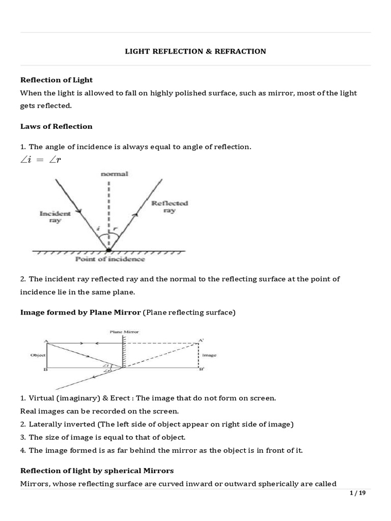 Class 10 Light Reflection & Refraction Guide | PDF | Refraction | Mirror