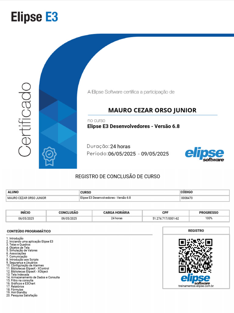 Certificado Treinamento Desenvolvedores Elipse E3 | PDF