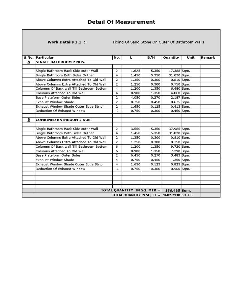 Quantity of Sand Stone Work | PDF