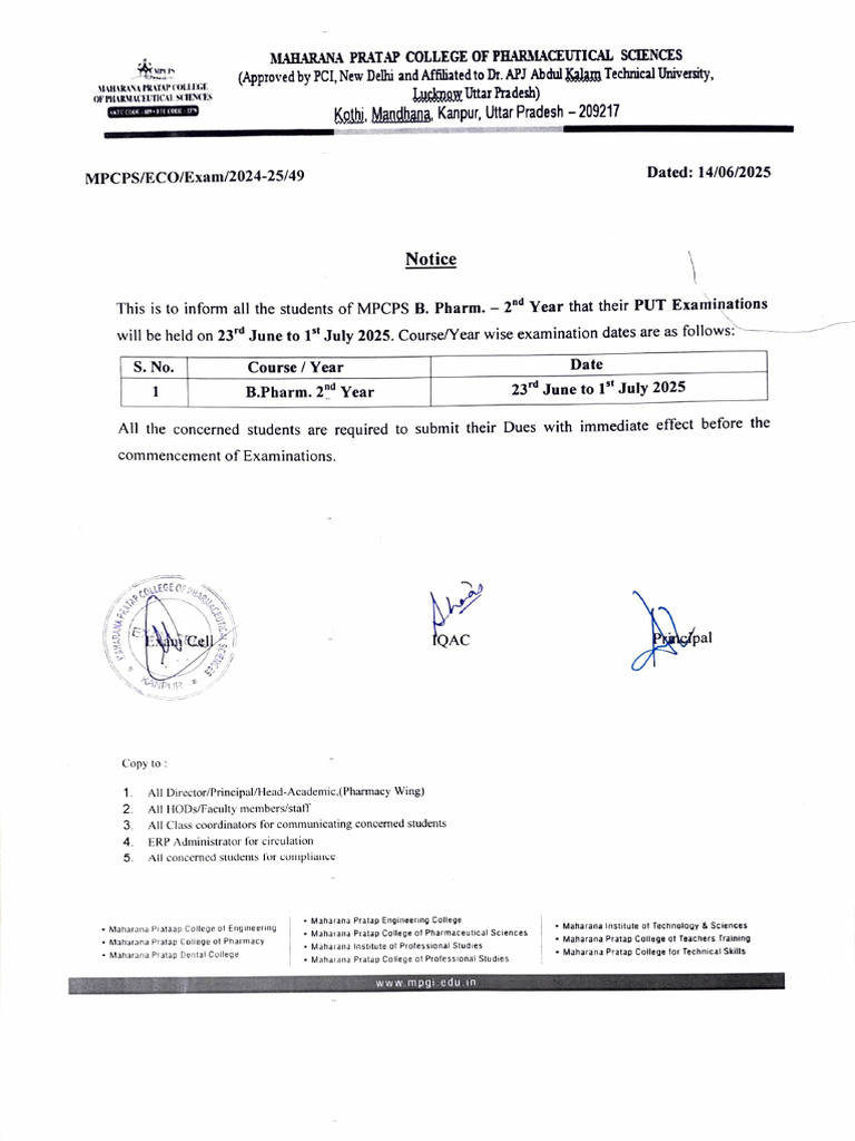 PUT Examination of B.pharm 2nd Year MPCPS | PDF | Pharmacy | Health Care
