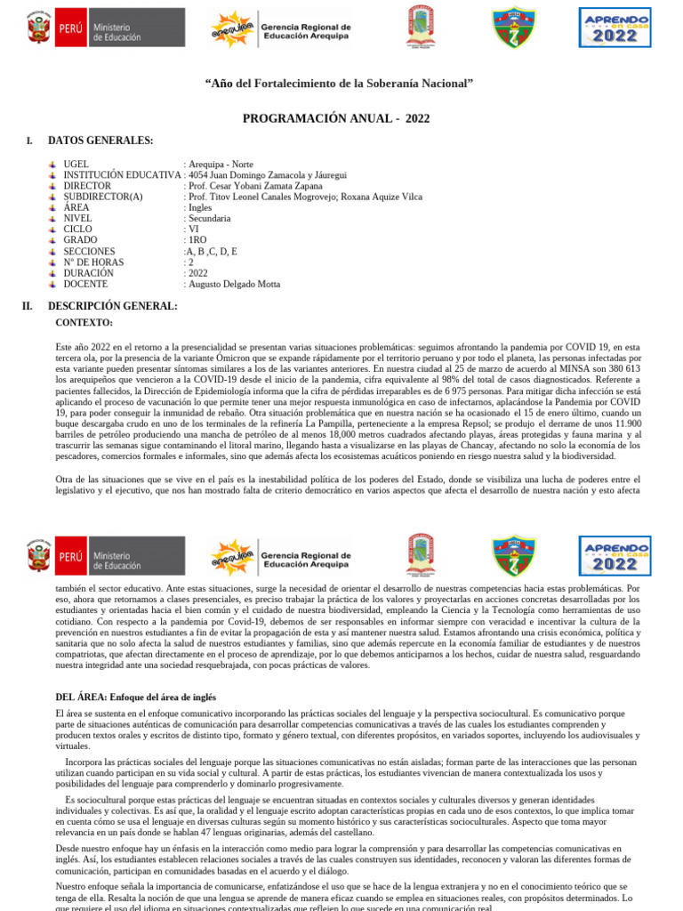 Programación Anual Ingles 1ro 2022 | PDF | Evaluación