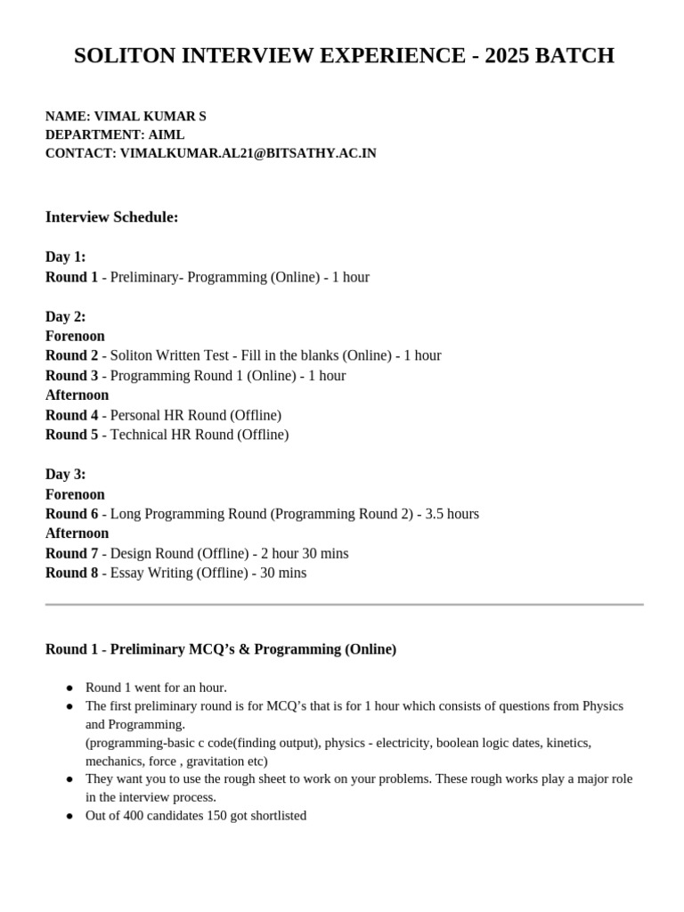 VIMAL KUMAR S - Soliton Interview Experience | PDF | String (Computer Science) | Bracket