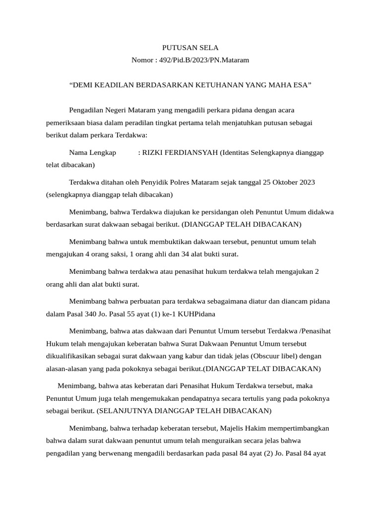 Bacaan Putusan Sela Paling Baru | PDF