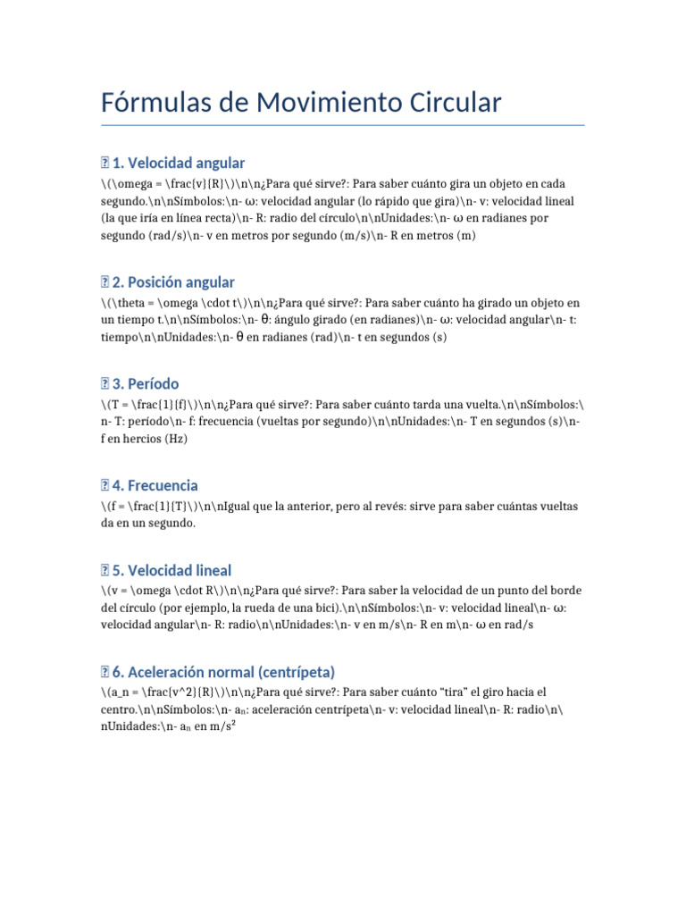 Formulas Movimiento Circular | PDF