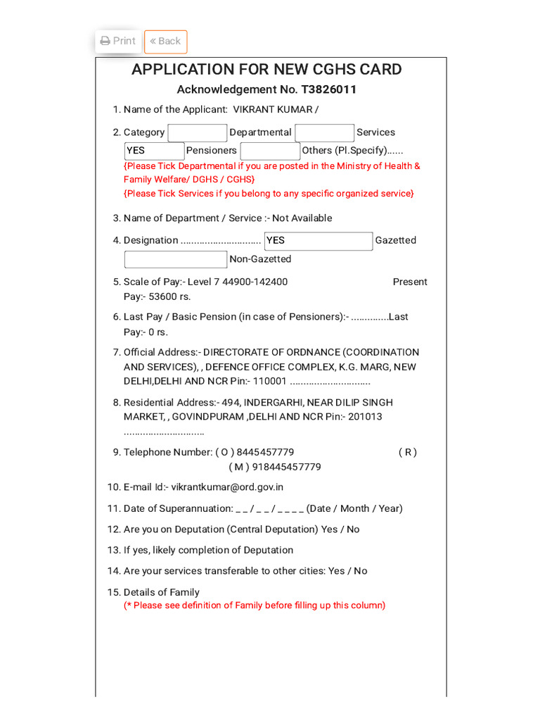 Application For New CGHS Card | PDF