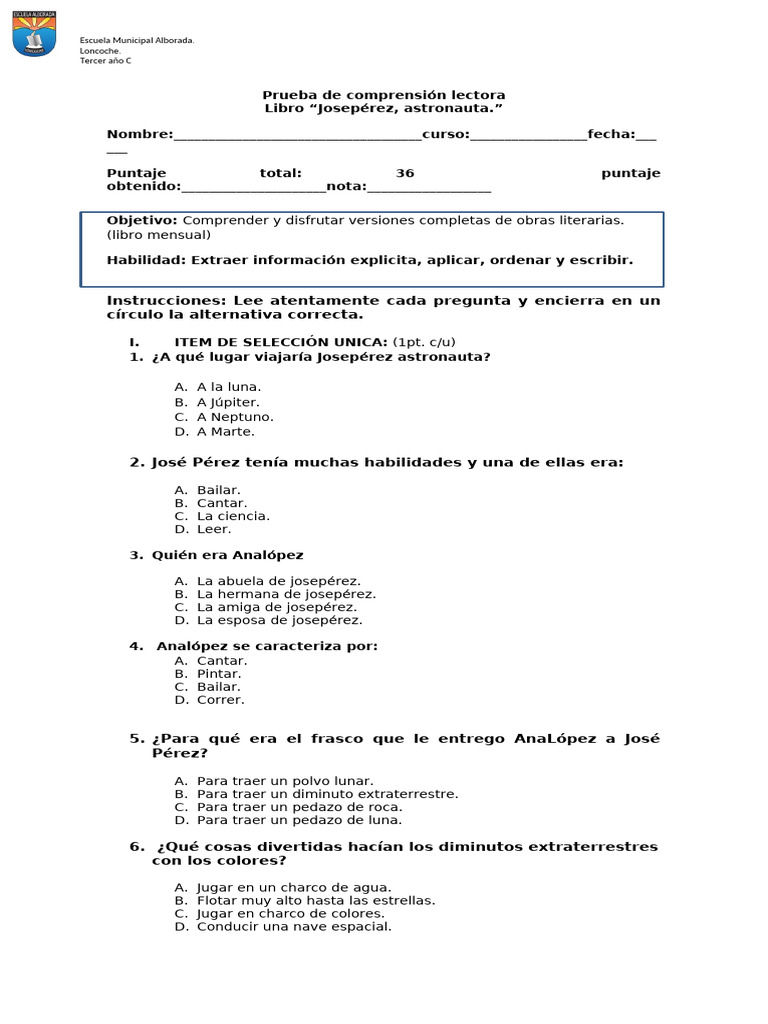 Prueba de Comprensión Lector Jose | PDF | Color