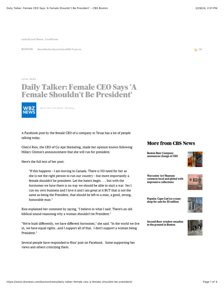 CBS-Female CEO Says 'A Female Shouldn't Be President' | PDF