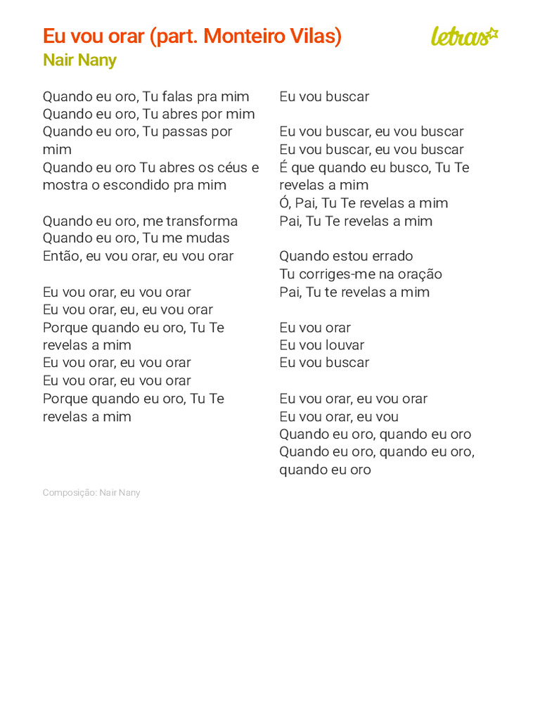 EU VOU ORAR (PART. MONTEIRO VILAS) - Nair Nany (Impressão) | PDF