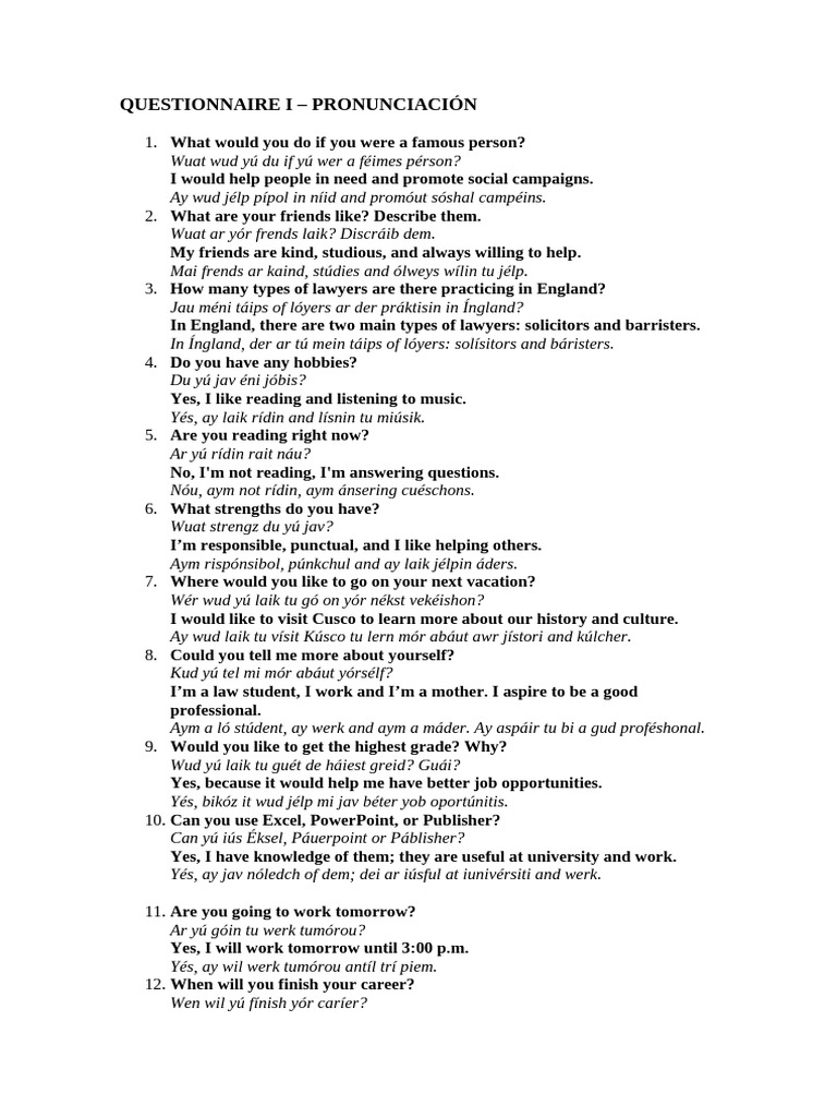 Pronunciation Questionnaire Insights | PDF