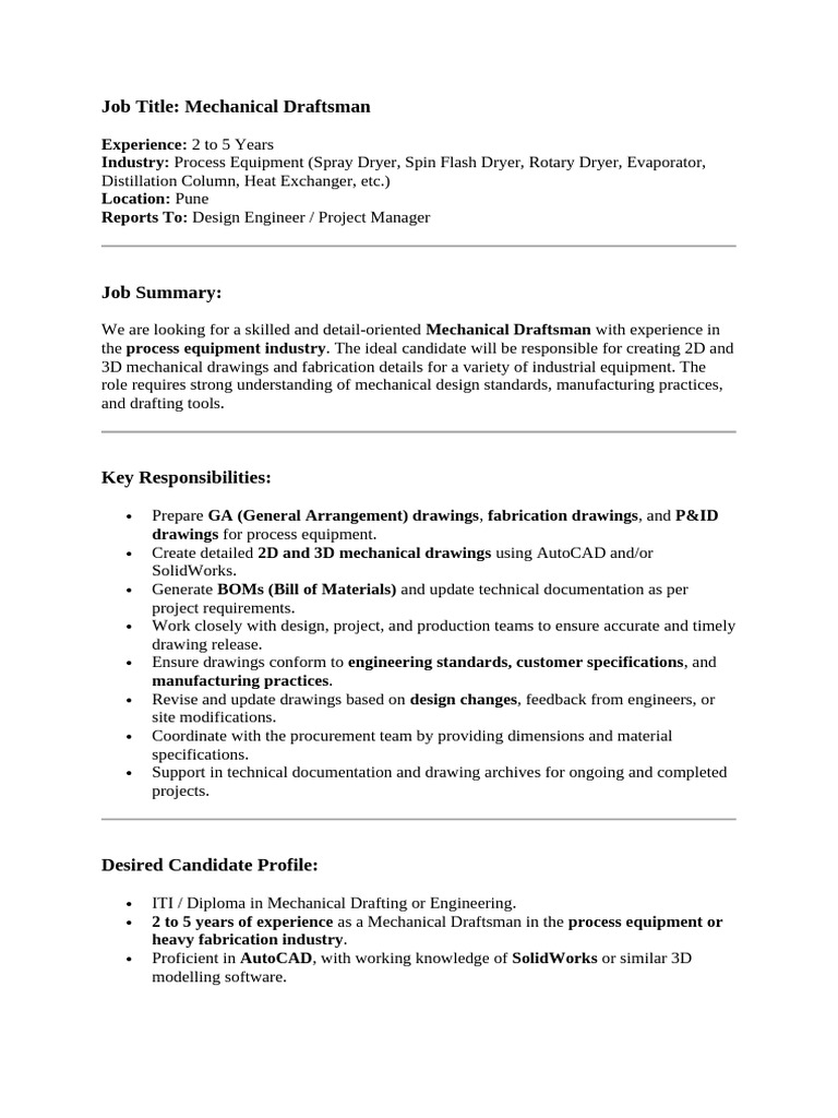 Mechanical Draftsman Job in Pune | PDF