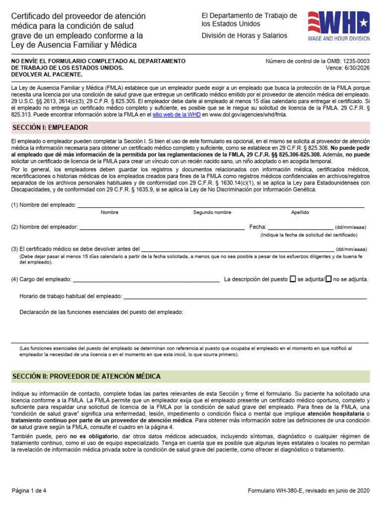 Certificado Médico FMLA: Formulario WH-380-E | PDF | Cuidado de la ...