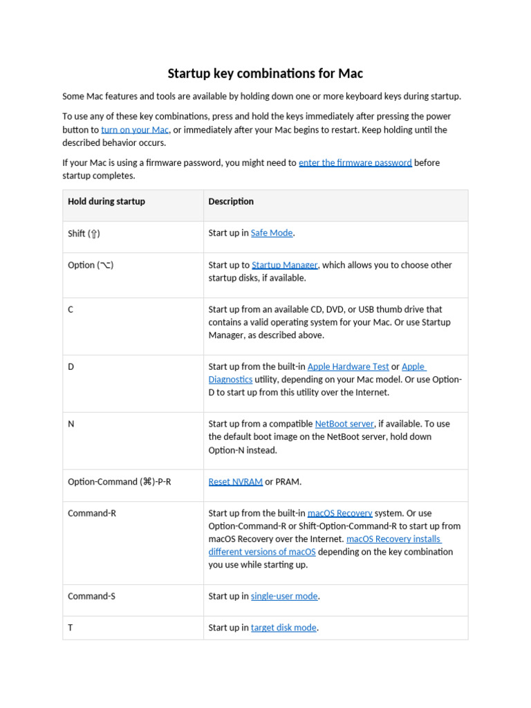 Startup Key Combinations For Mac | PDF | Booting | Mac Os