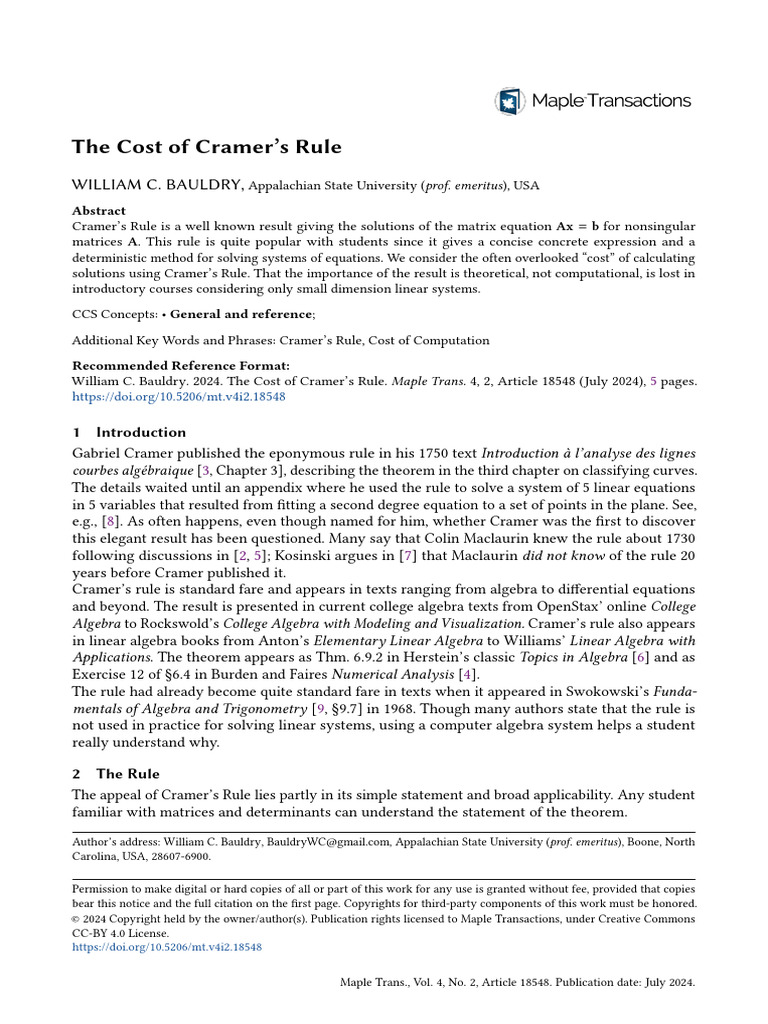 Analyzing Cramer’s Rule Costs | PDF | Determinant | Linear Algebra