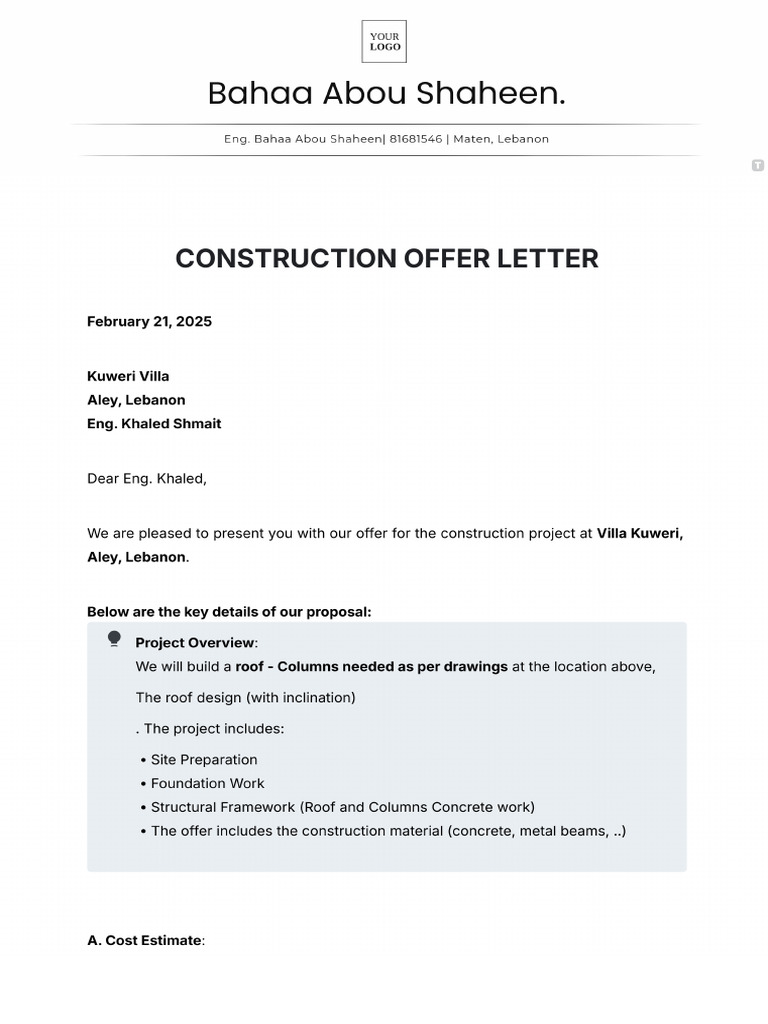 Free Construction Offer Letter Template | PDF