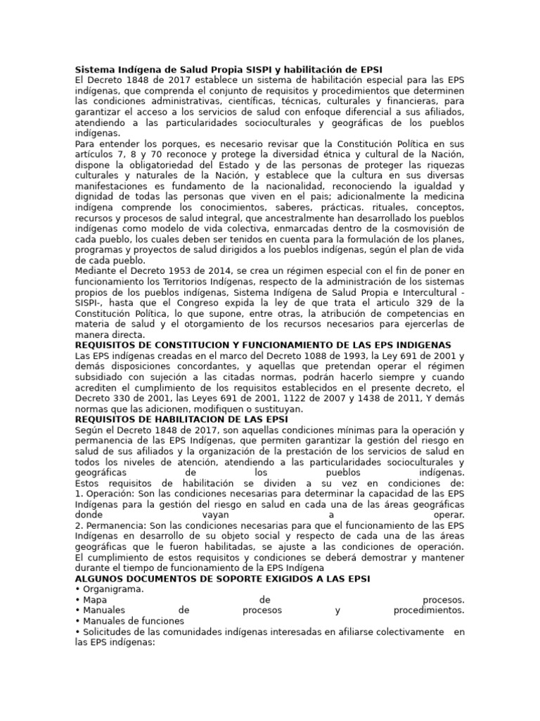 Sistema Indígena de Salud Propia SISPI y Habilitación de EPSI | PDF | Salario mínimo | Nación