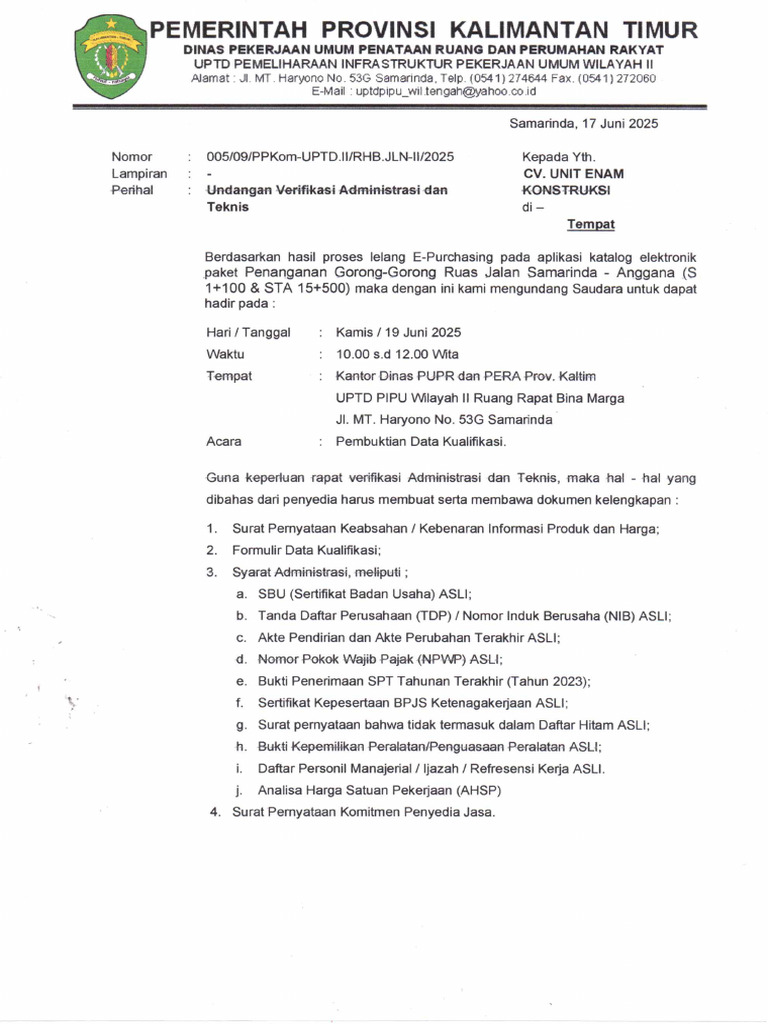 Undangan Verifikasi Admin Dan Teknis CV. UNIT ENAM KONSTRUKSI | PDF