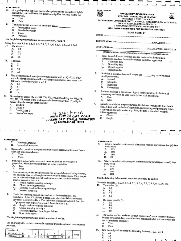 Sbu302 Bus Stat Quiz I | PDF