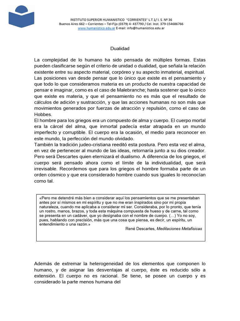 Dualismo: Cuerpo y Alma en Descartes | PDF | René Descartes | Alma