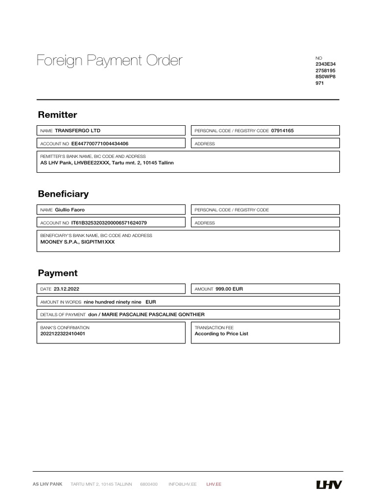 Foreign Payment Order Details | PDF