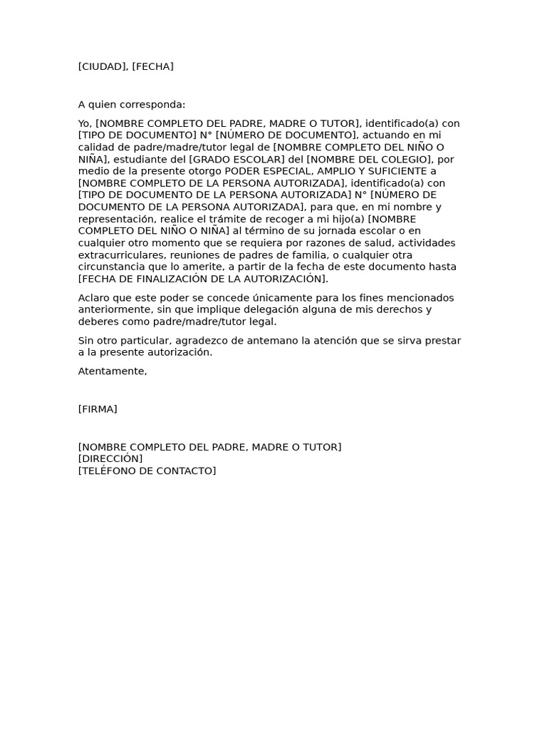 Carta de autorización para recoger a un niño | PDF