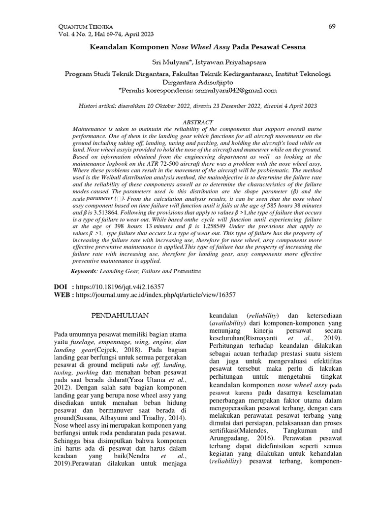 Keandalan Komponen Nose Wheel Assy Pada Cessna | PDF