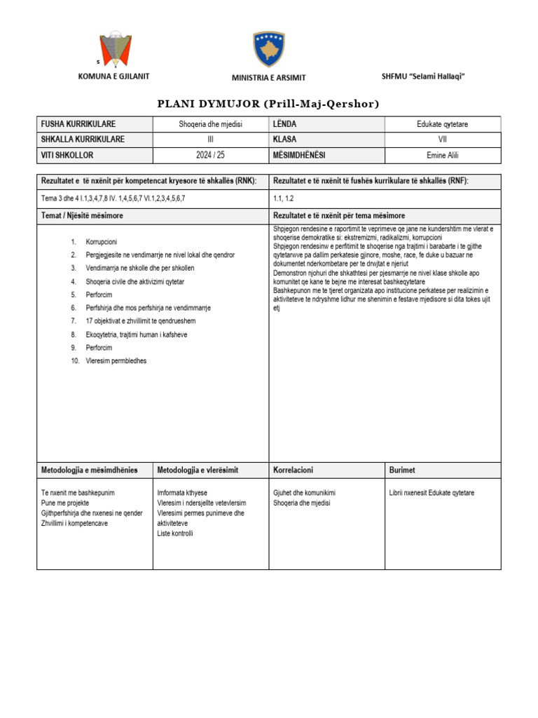 PLANI DYMUJOR (Prill-Maj-Qershor) : Komuna E Gjilanit Ministria E ...