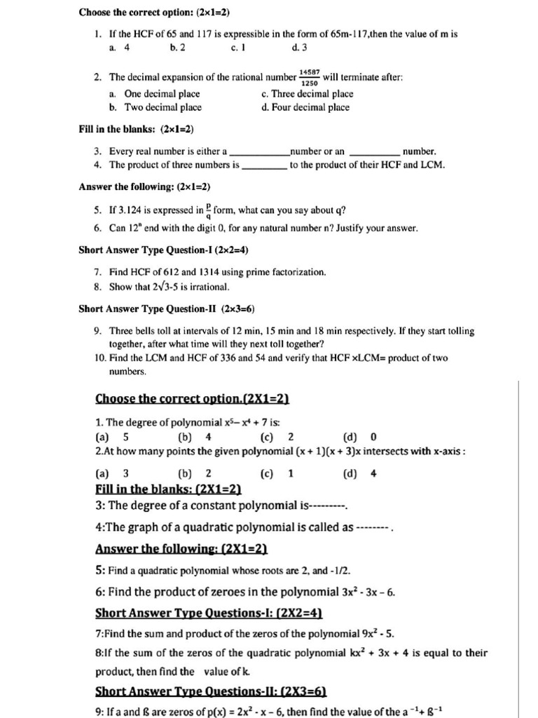 Maths Revision Questions Ch-1,2,3 Class 10 | PDF