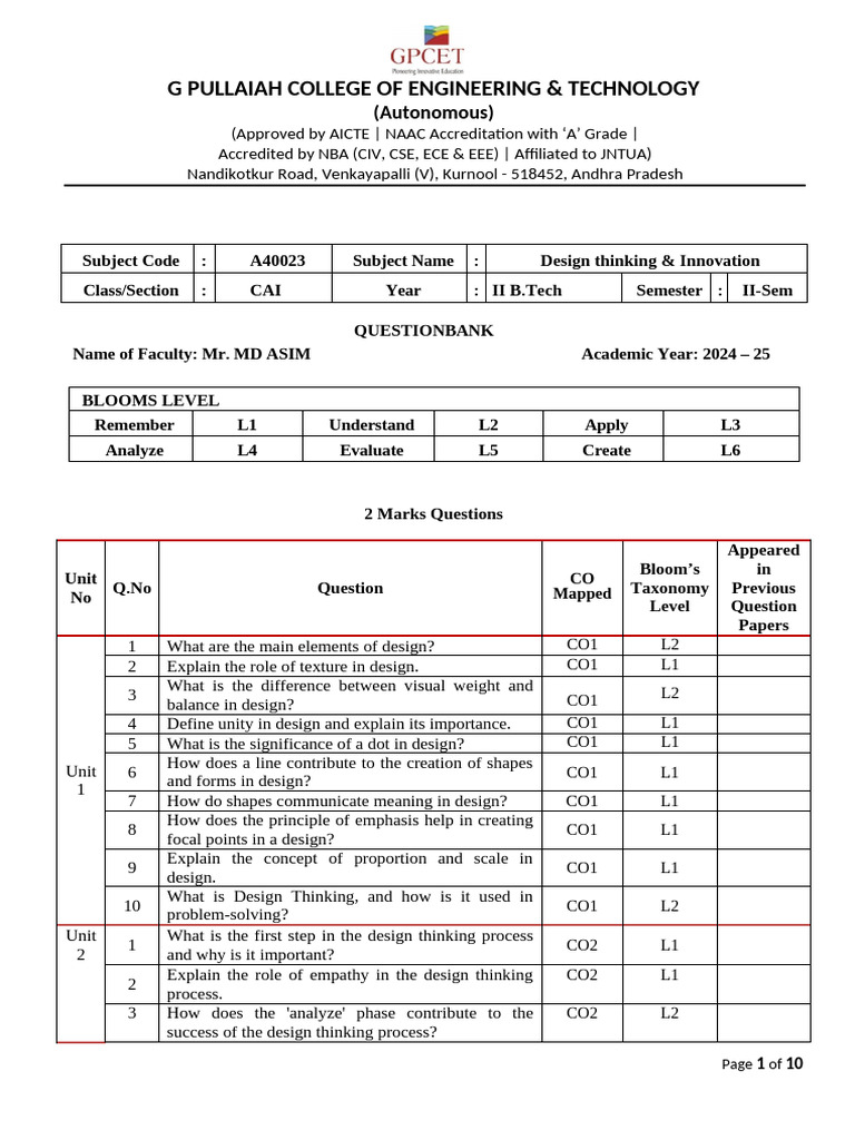 Question Bank - DTI-II-II 2024-25 II Sem | PDF | Design Thinking ...
