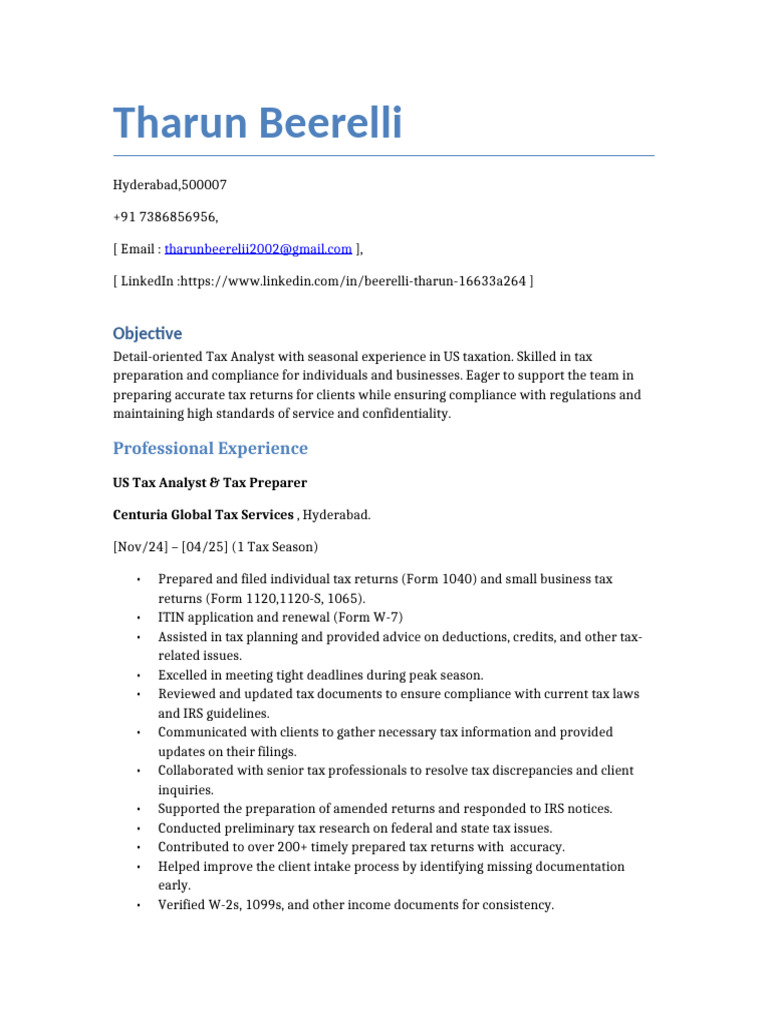 US Tax Analyst Resume - Tharun Beerelli | PDF | Taxes | Internal ...