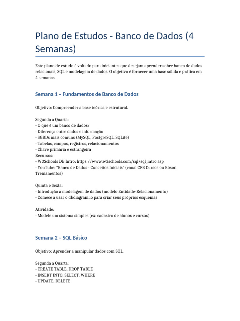 Plano de Estudos Banco de Dados 4 Semanas | PDF | Bancos de dados | SQL